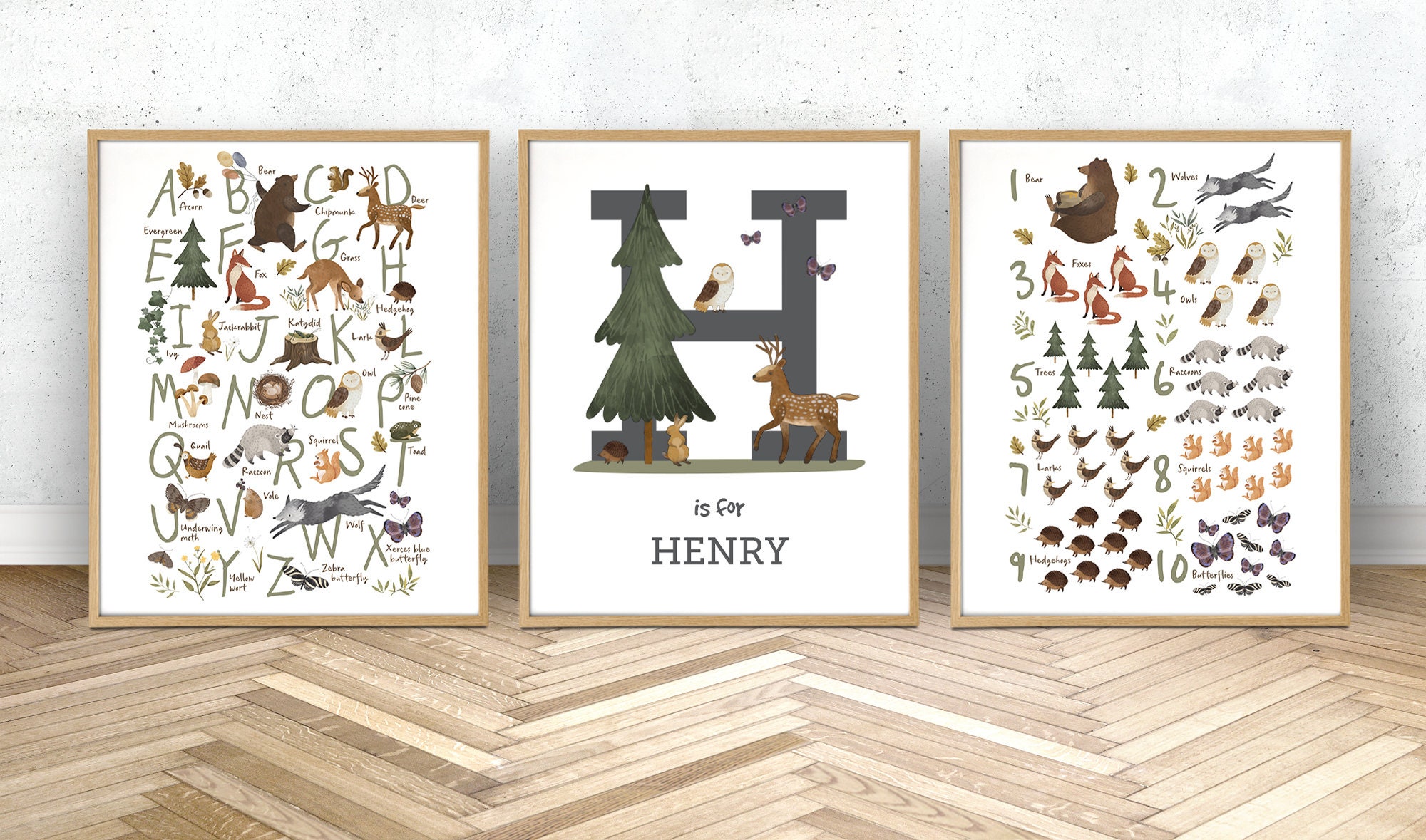 Set of 3 Woodland Animal Alphabet Numbers and Custom Name - Etsy