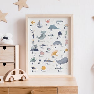 Set of 3 Ocean Alphabet and Numbers Wall Art in Dark Blue, Personalised ...