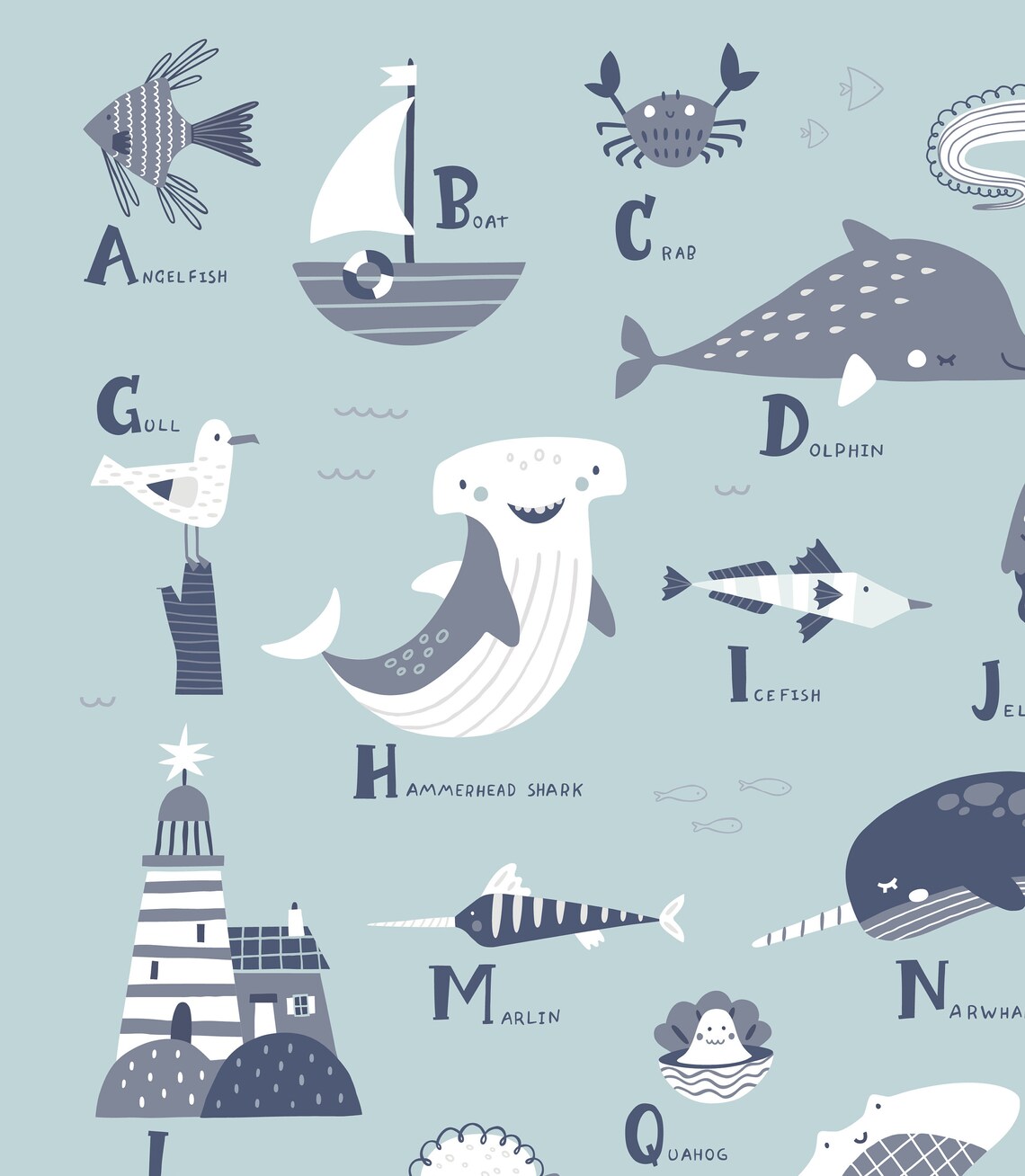 Ocean sea animals alphabet in blue perfect for an ocean theme | Etsy