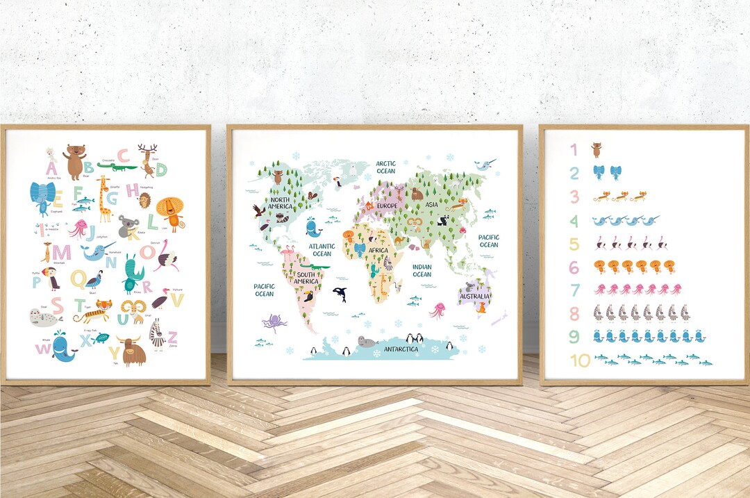 Set of Three Nursery Prints, Alphabet Wall Art, Bedroom Prints Set of 3 ...