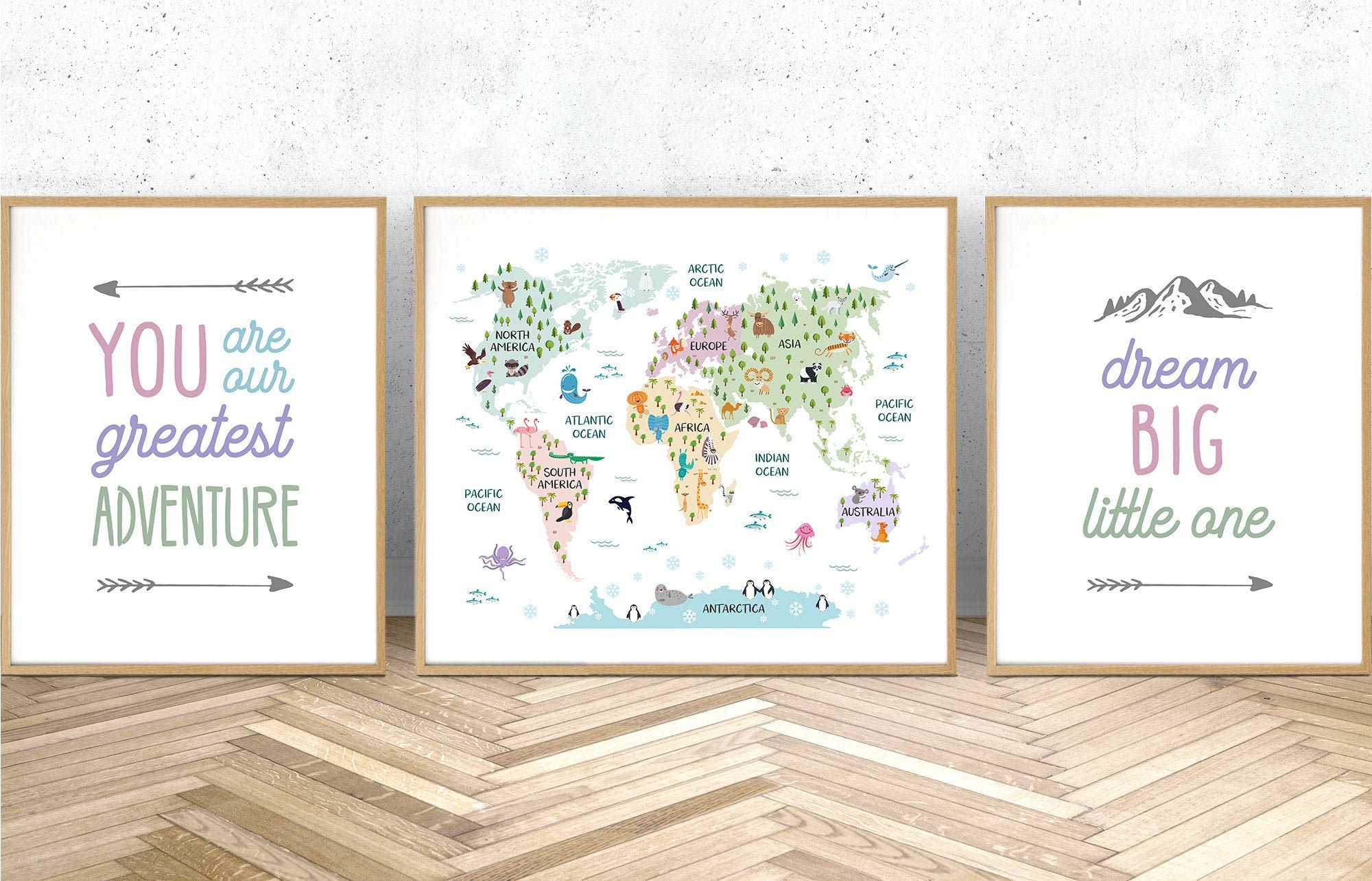 Pastel world map set of 3 art prints dream big little one | Etsy