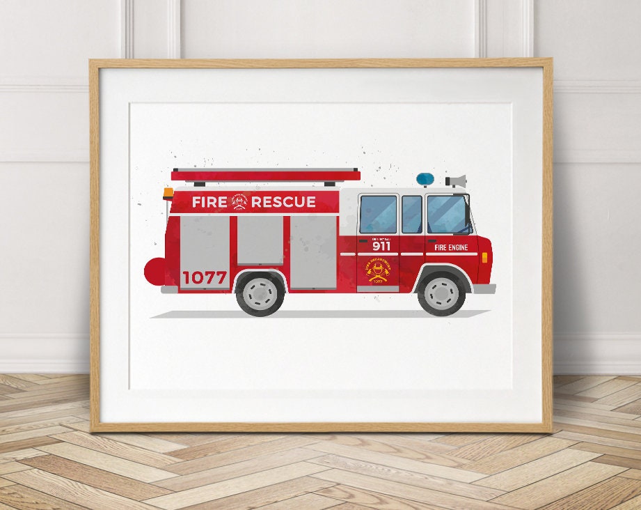 Fire Truck Wall Art Watercolor Fire Engine Print Emergency | Etsy