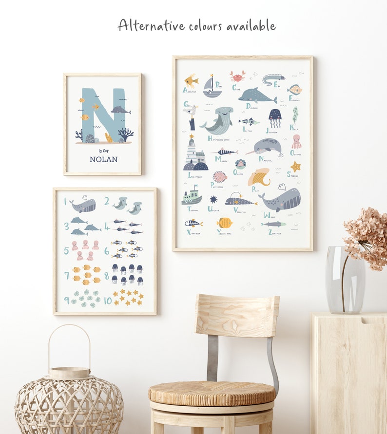 Set of Three Ocean Sea Alphabet and Numbers Wall Art - Etsy