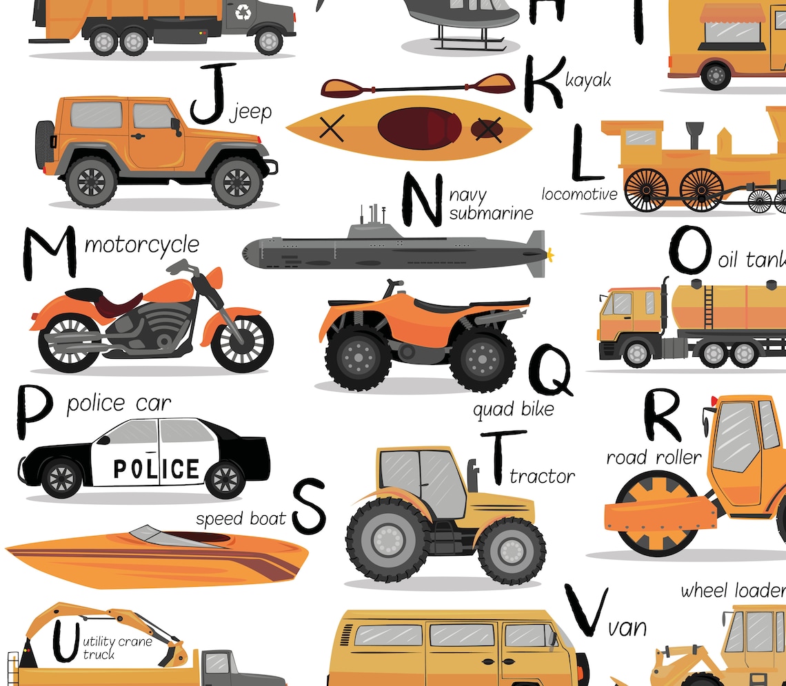 Transportation alphabet wall art Car poster educational | Etsy