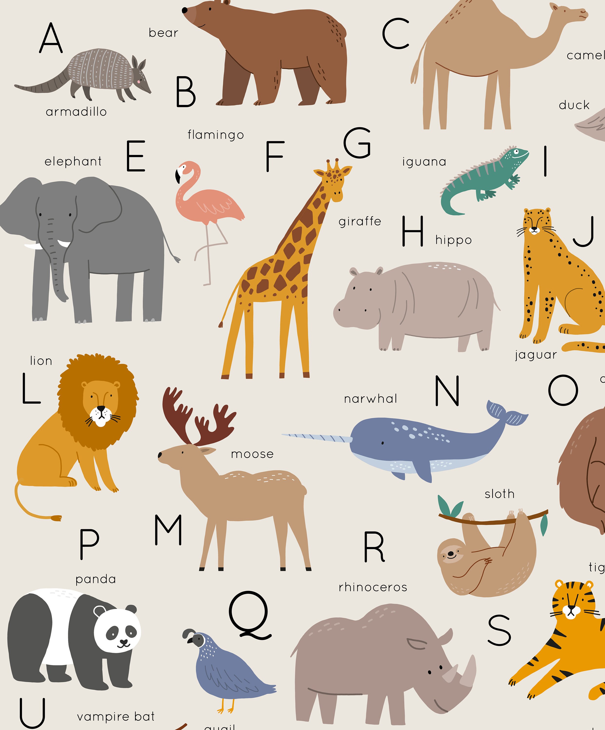 Animal Alphabet Poster in Cream / Beige, Printable Educational Wall Art ...