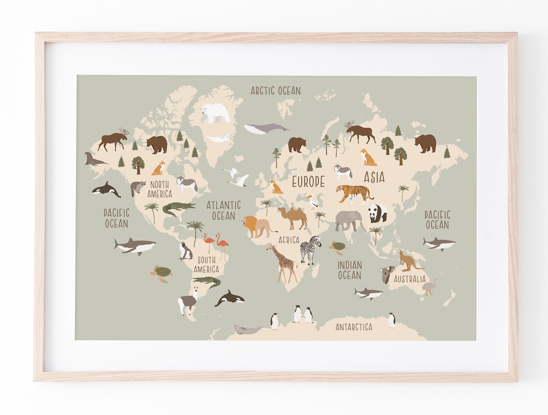 Kids World Map With Animals of the World, Perfect for a Safari or ...