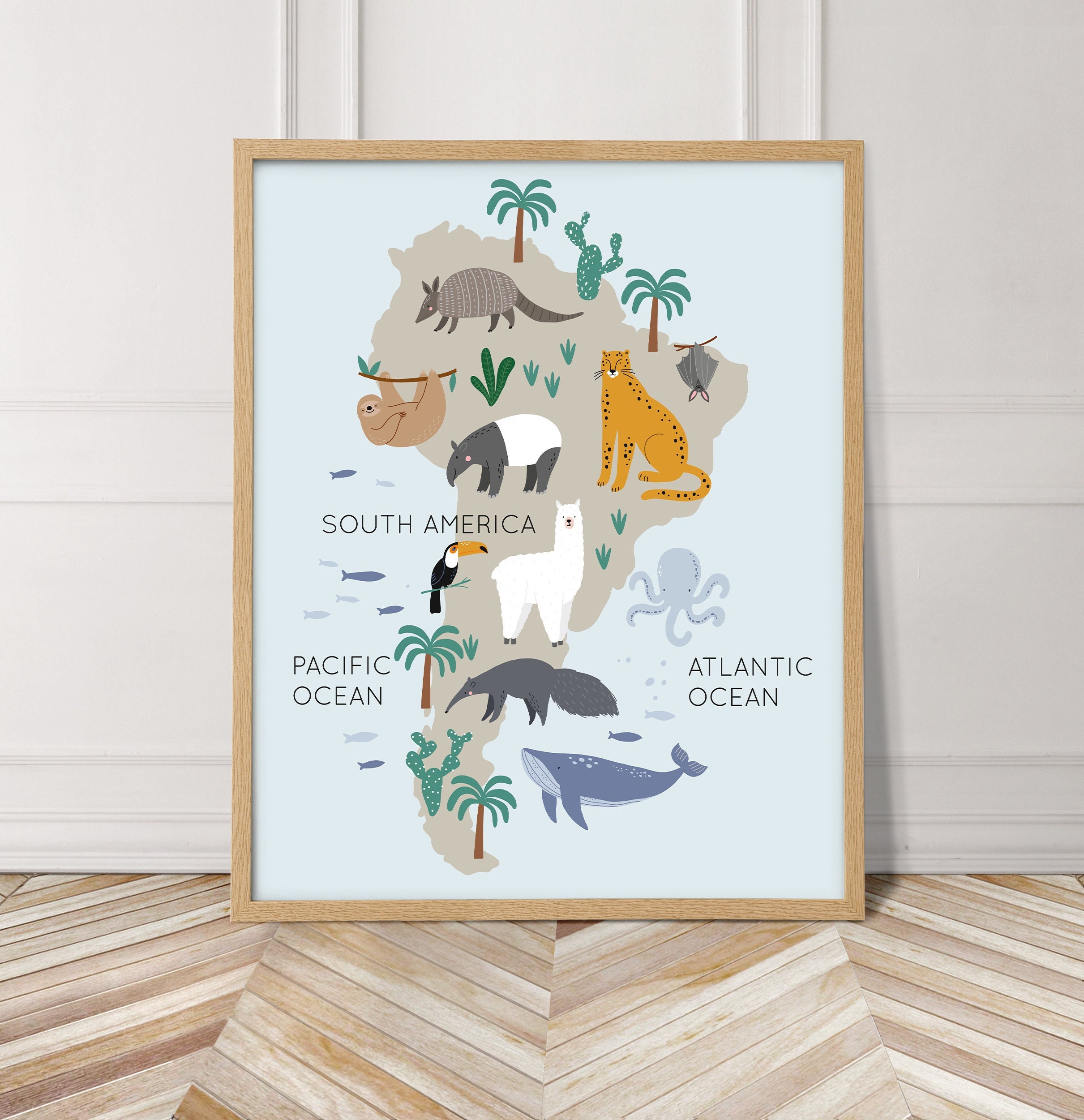 South America continent World map for kids printable wall | Etsy