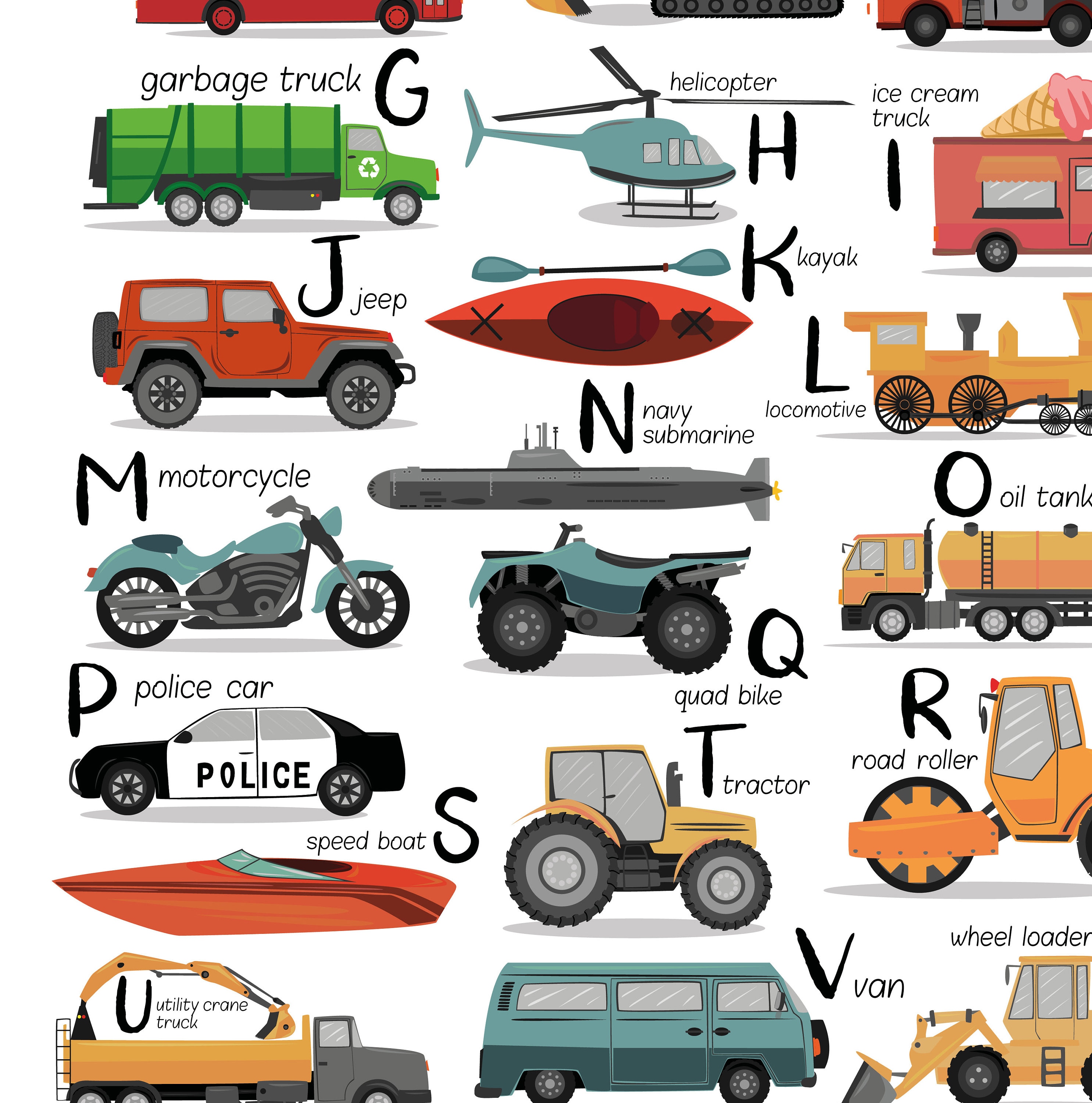 Colourful Transportation Alphabet Wall Art Educational Print | Etsy