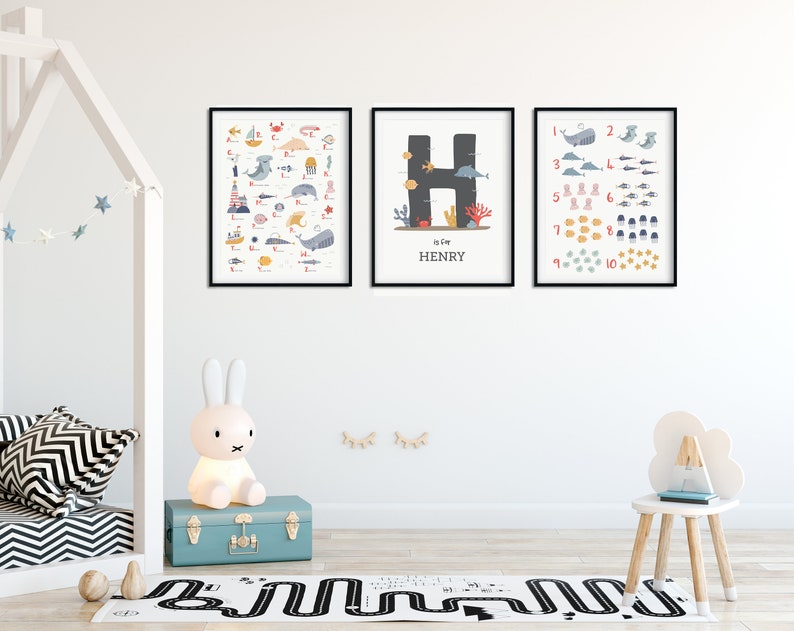 Set of Three Ocean Sea Alphabet and Numbers Wall Art - Etsy