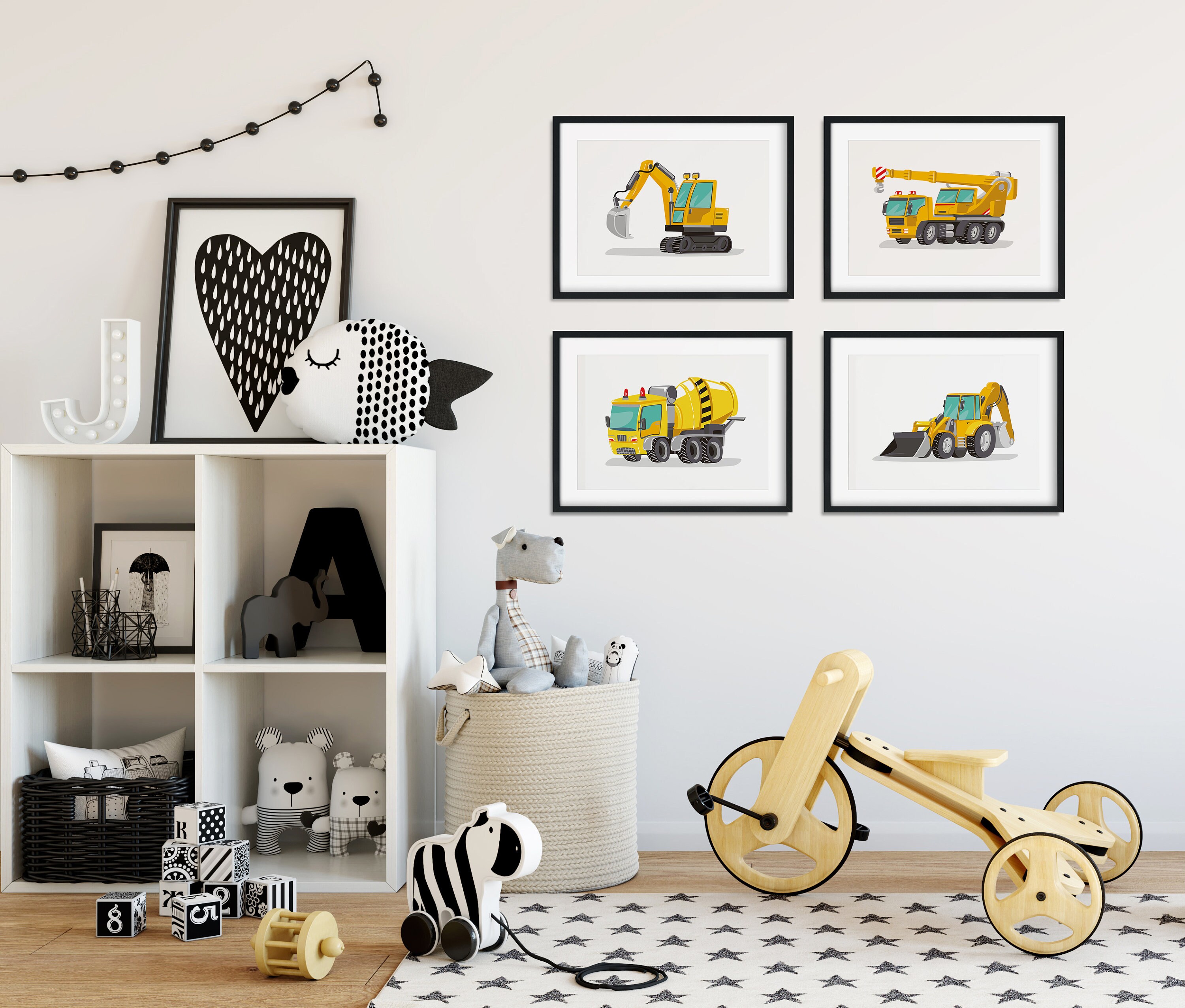 Art Prints Set of 4, Construction Wall Art, Construction Birthday Party ...