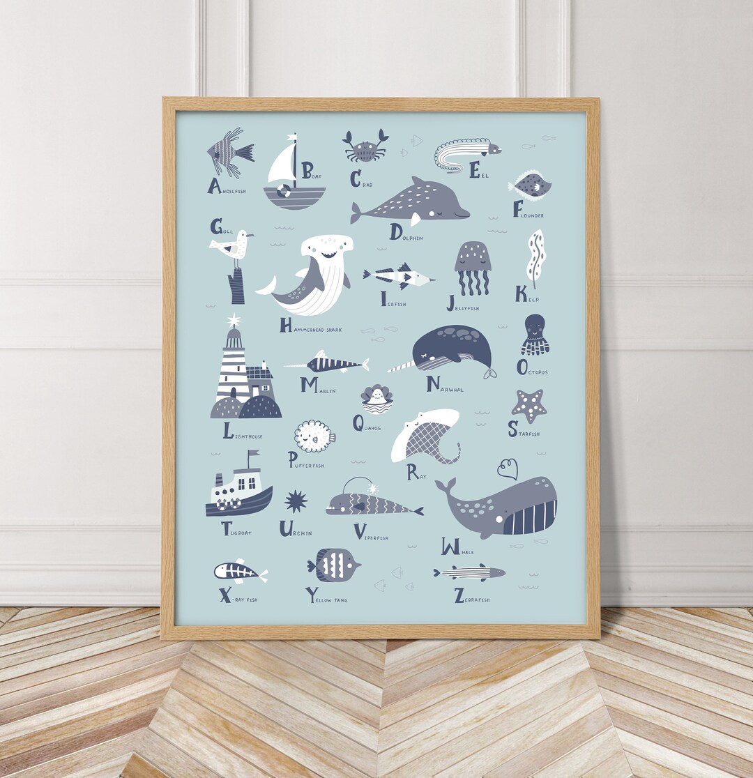 Ocean Sea Animals Alphabet in Blue, Perfect for an Ocean Theme Nursery ...