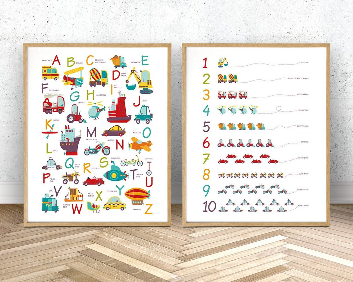 Transportation alphabet wall art set of two nursery prints | Etsy