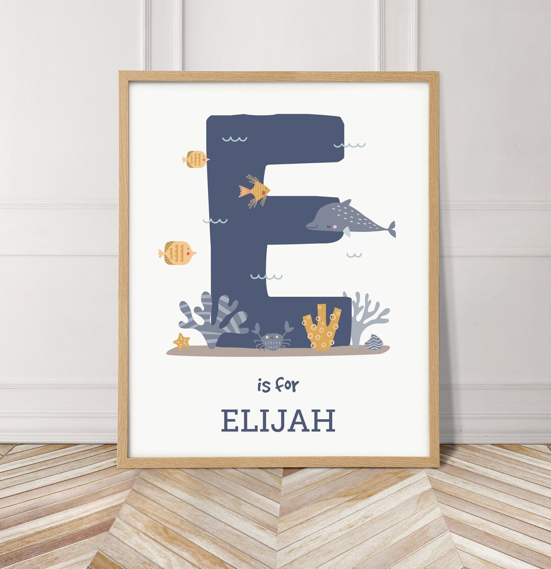 Custom Ocean Baby Name Print in Dark Blue and Yellow - Etsy