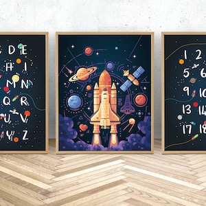 Space Wall Art Set of 3 Prints, Kids Alphabet Printable Posters, Boys ...