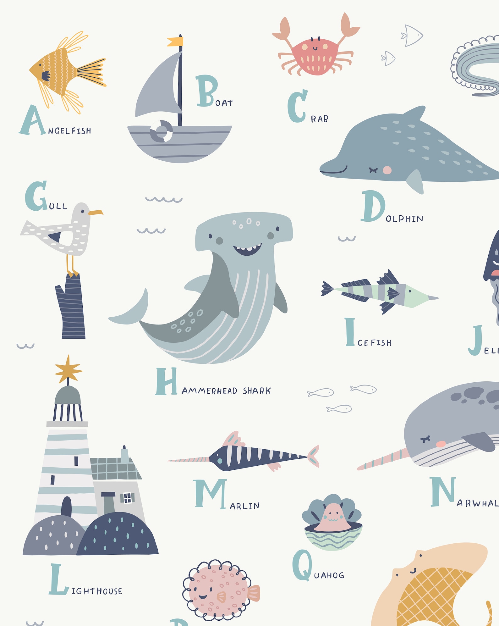 Set of 3 Ocean Sea Alphabet and Numbers Wall Art in Blue, Personalised ...