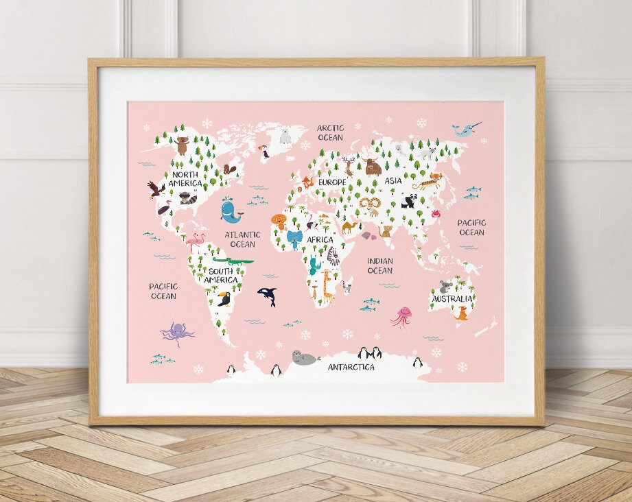Pink world map print nursery world map pink nursery decor | Etsy