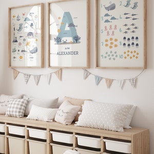 Set of 3 Ocean Sea Alphabet and Numbers Wall Art in Blue, Personalised ...