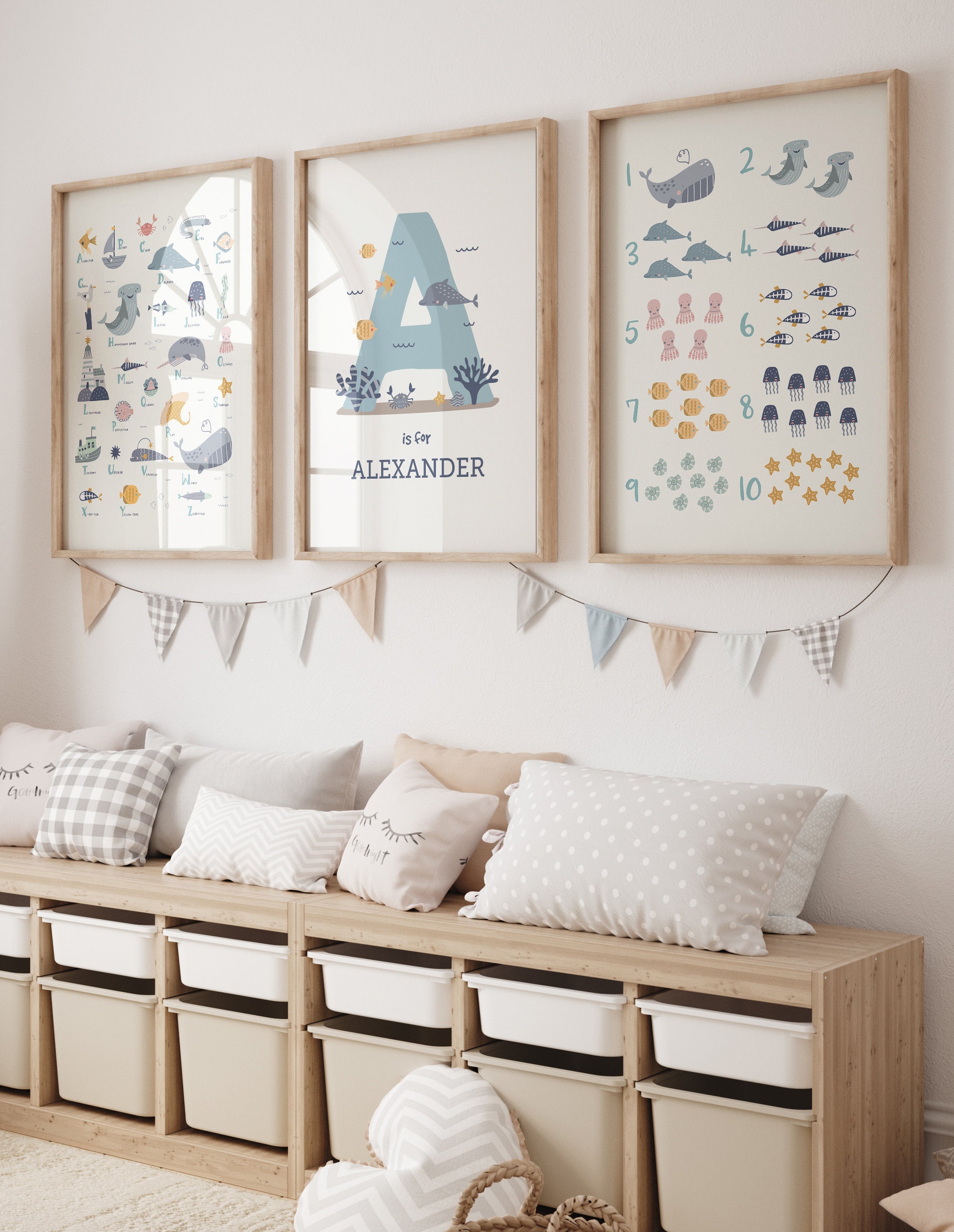Set of 3 Ocean Sea Alphabet and Numbers Wall Art in Blue, Personalised ...