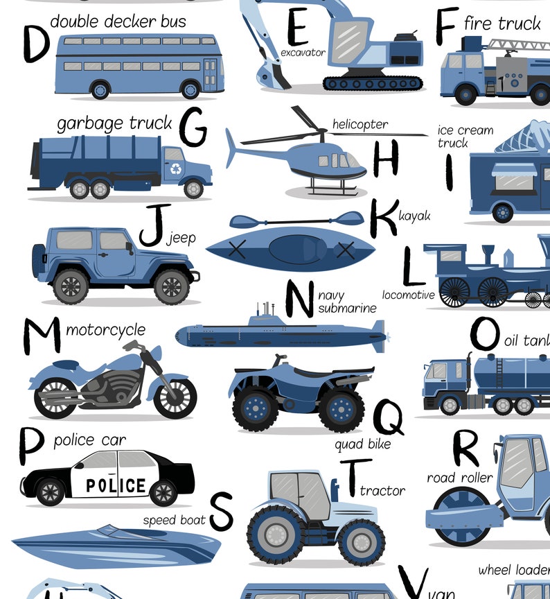 Blue Transportation Alphabet Wall Art Educational Print - Etsy UK