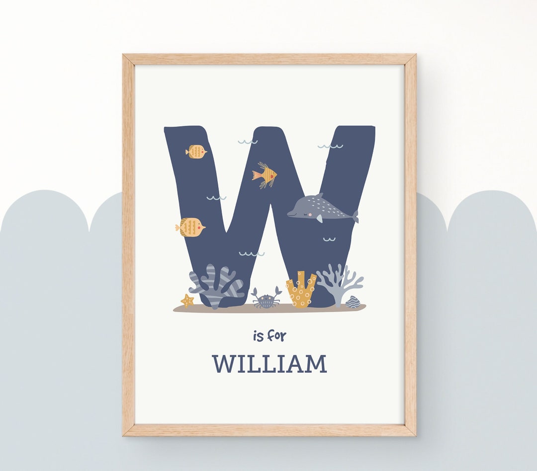 Custom Ocean Baby Name Print in Dark Blue and Yellow, Personalized Sea ...