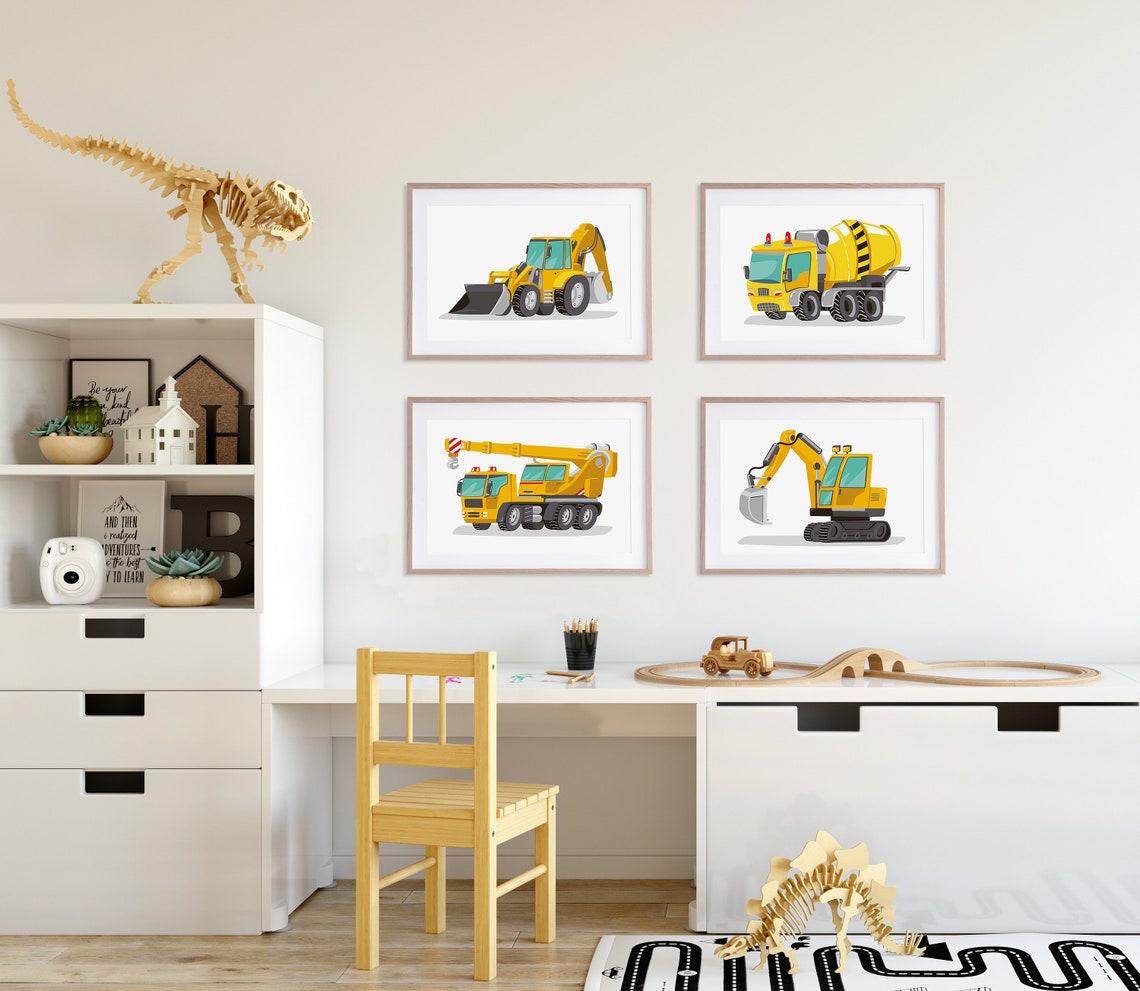 Art Prints Set of 4, Construction Wall Art, Construction Birthday Party ...
