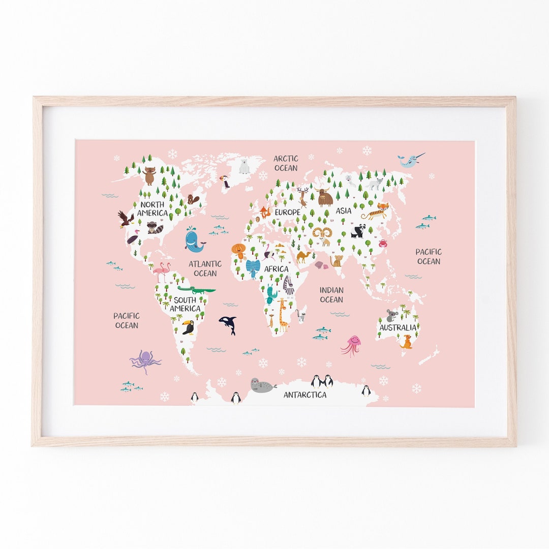 Pink World Map Print, Nursery World Map, Pink Nursery Decor, Safari ...