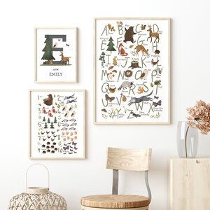 Set of 3 Woodland Animal Alphabet, Numbers and Custom Name Print ...