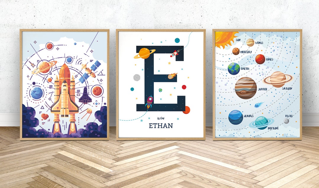 Space Wall Art Set of 3 Prints for Space Theme Bedroom in White, Outer ...