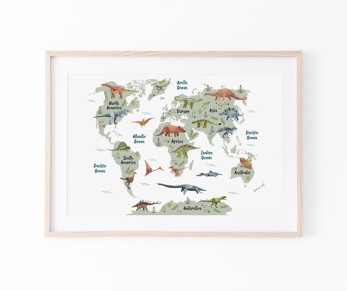Dinosaur world map poster dinosaur wall art dinosaur wall | Etsy