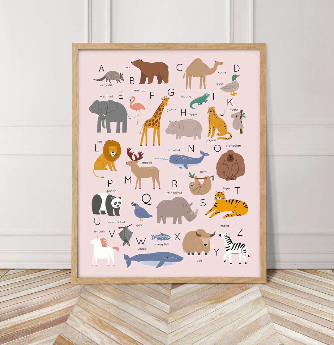 Animal Alphabet Poster in Pink, Printable Educational Wall Art - Etsy