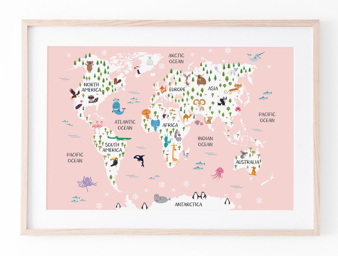 Pink World Map Print Nursery World Map Pink Nursery Decor - Etsy UK