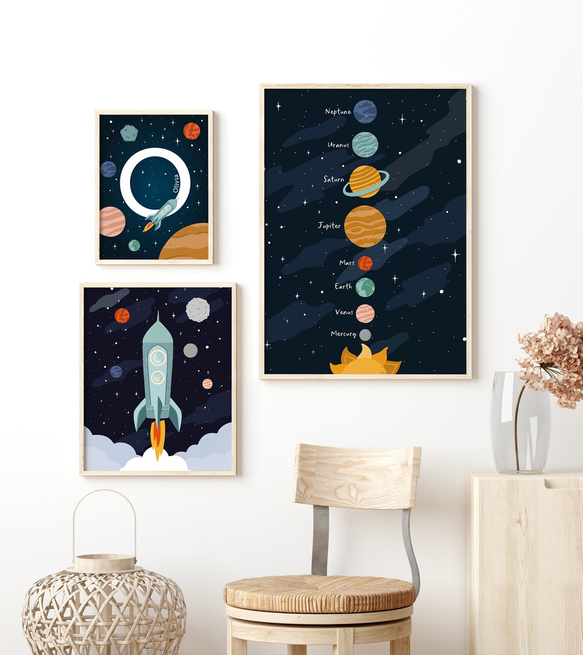Space Wall Art Set of 3 Prints With Rocket Solar System and - Etsy