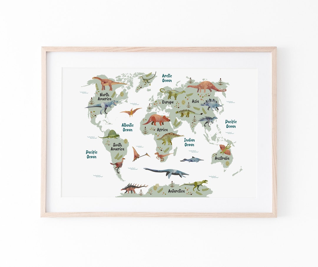 Dinosaur World Map Poster, Dinosaur Wall Art, Dinosaur Wall Decor, Boys ...