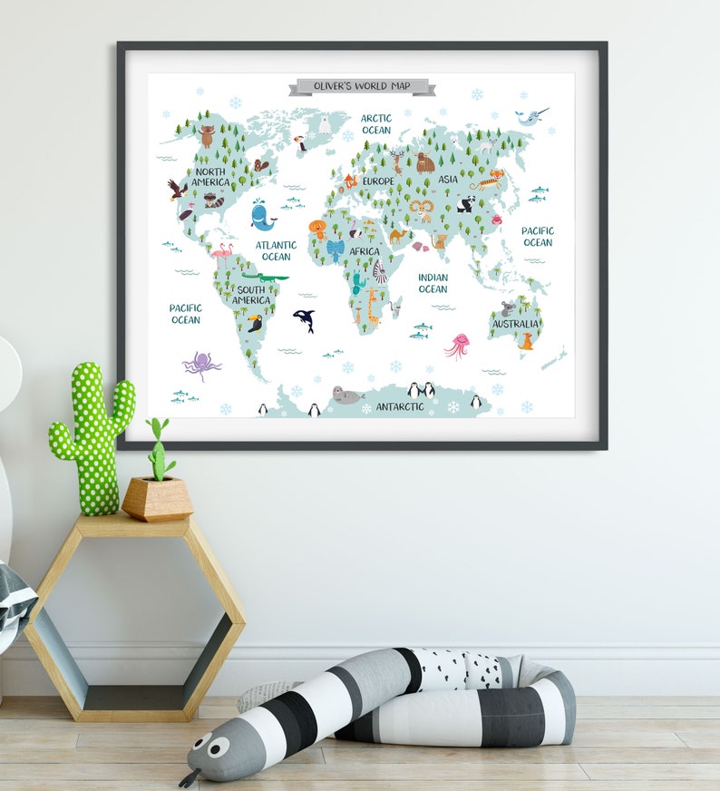 Personalized world map printable wall art travel nursery | Etsy