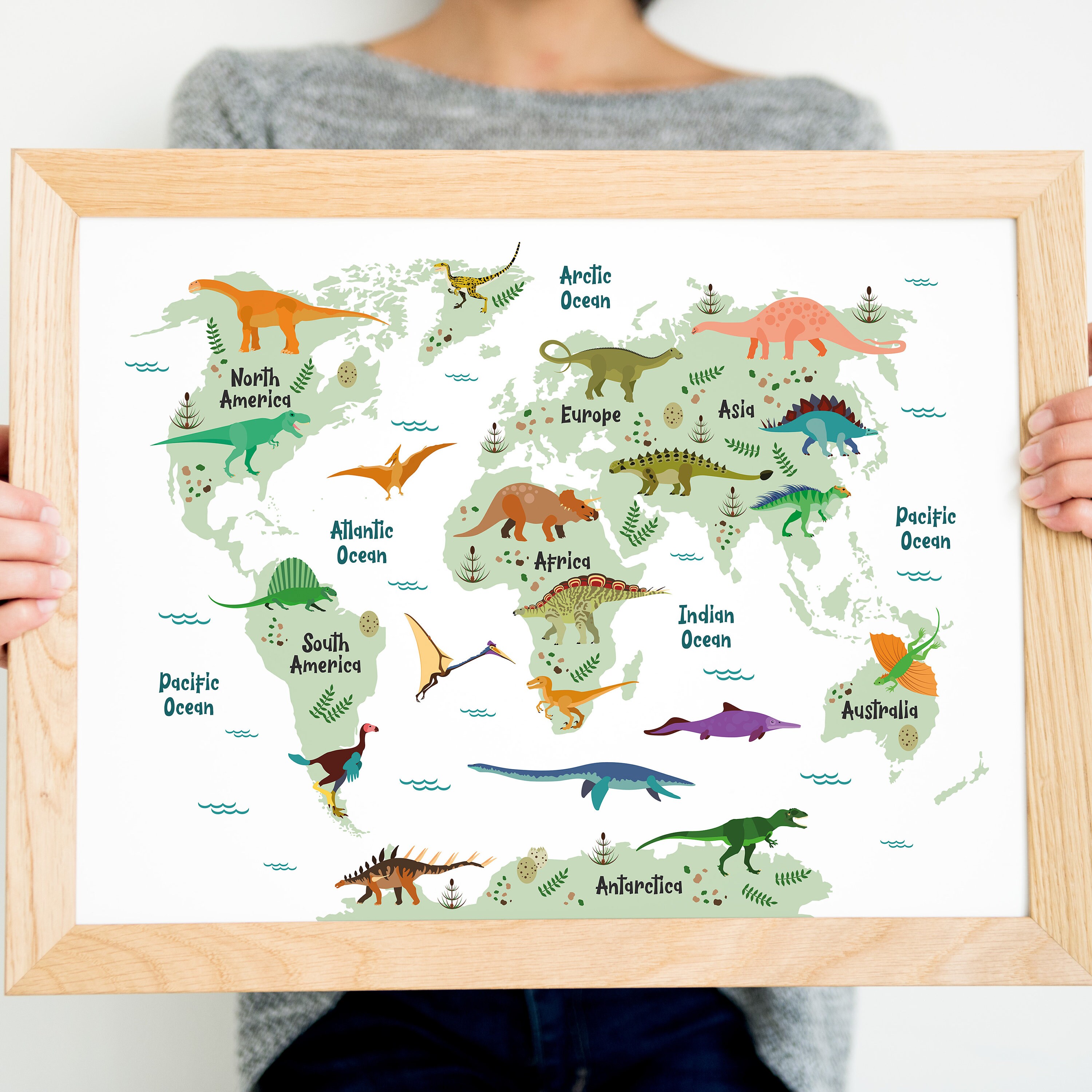 Dinosaur Wall Art, Nursery World Map, Dinosaur Wall Decor, Travel ...