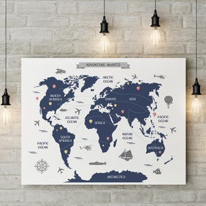 World Map Poster, Travel Nursery Decor, World Map Wall Art Canvas ...