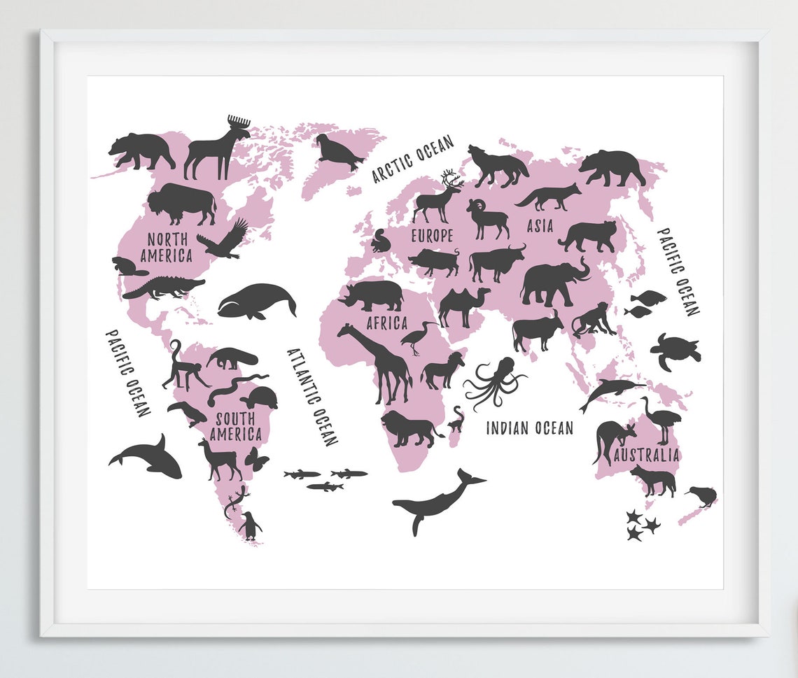 World Map Printable Wall Art Travel Nursery Decor Animal - Etsy