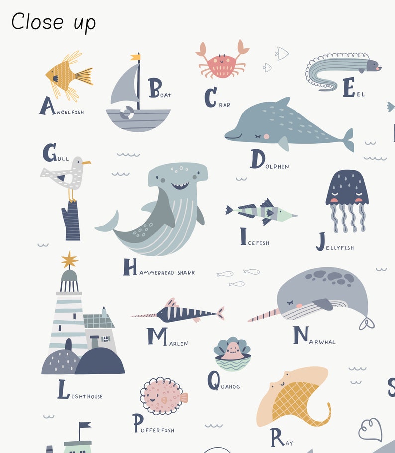 Ocean Sea Animals Alphabet in Dark Blue, Perfect for an Ocean Theme ...