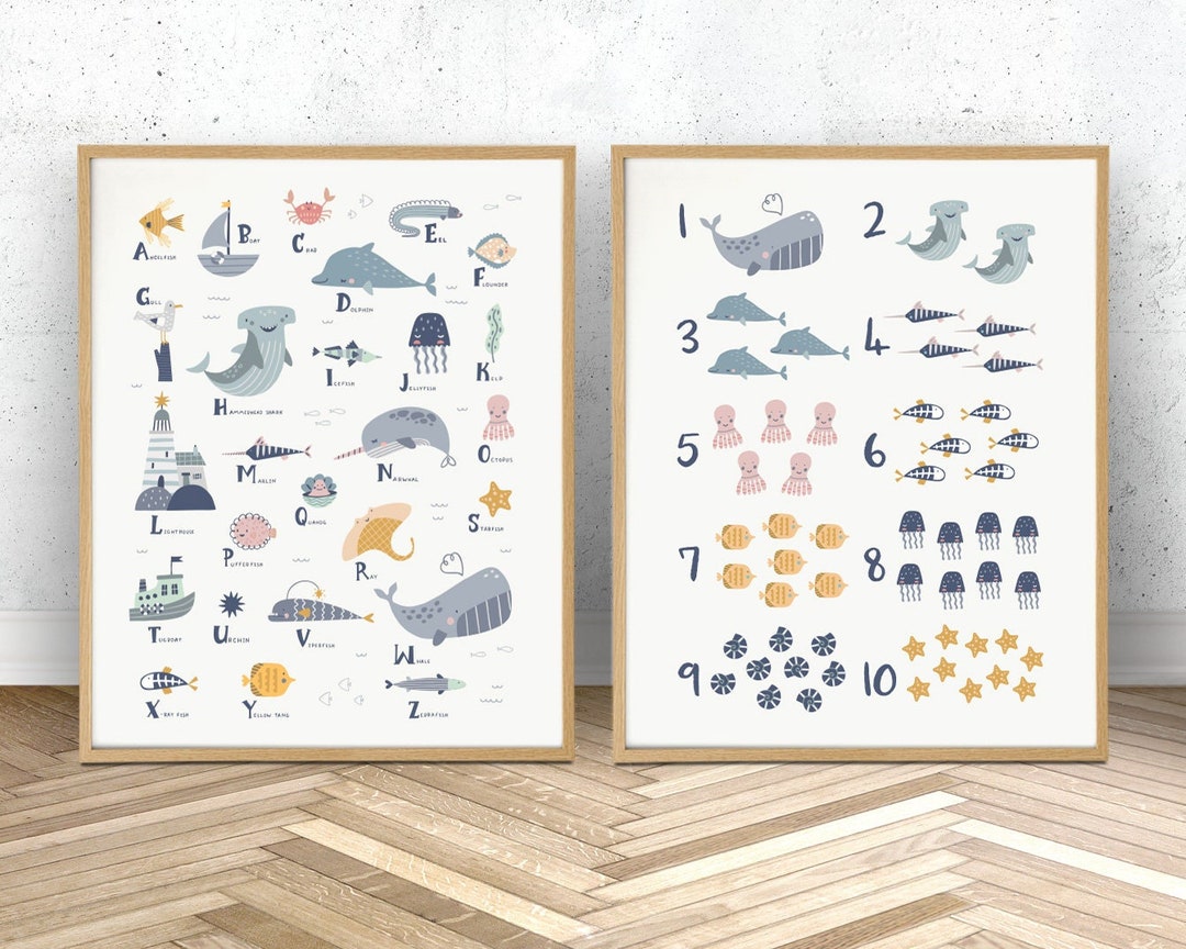 Set of 2 Ocean Sea Alphabet and Numbers Wall Art in Dark Blue, Under ...