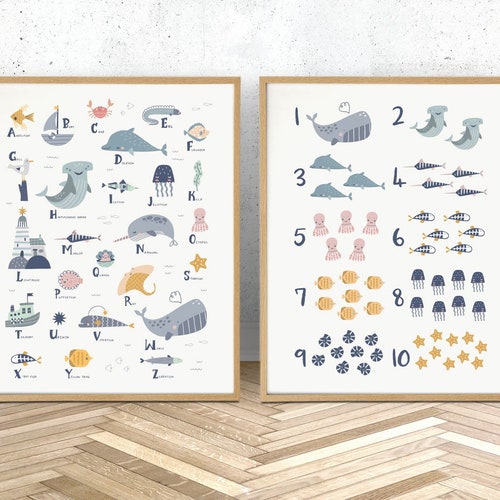 Set of 3 Ocean Sea Alphabet and Numbers Wall Art in Blue - Etsy