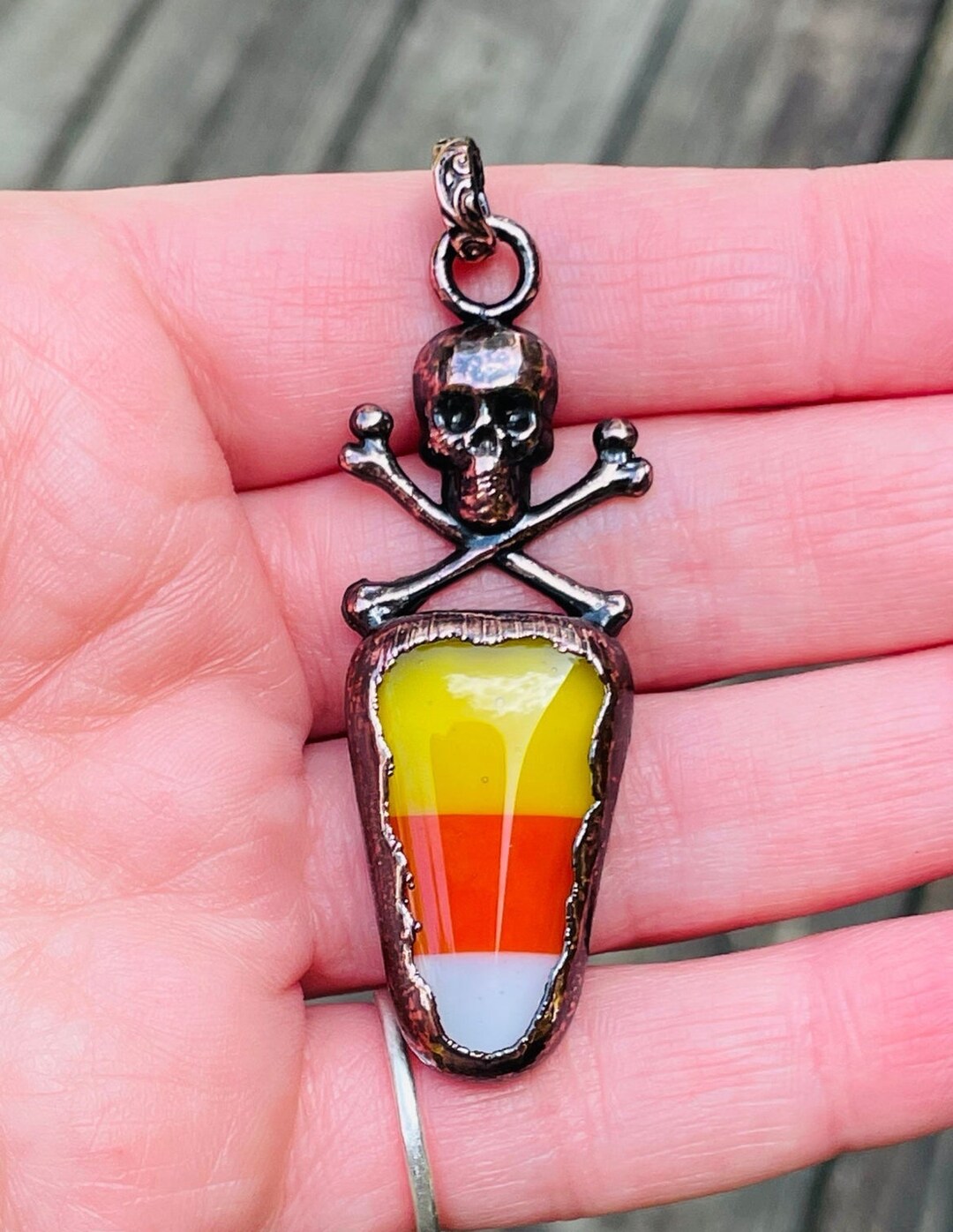 Skull and Crossbones Candy Corn Pendant Glass Candy Corn Halloween ...