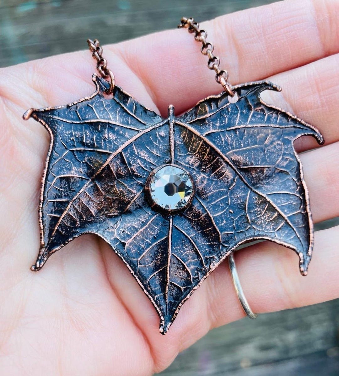REAL Fall Leaf NECKLACE Pure Copper & Swarovski Crystal Maple Leaf Necklace ARTISAN Real Maple ...