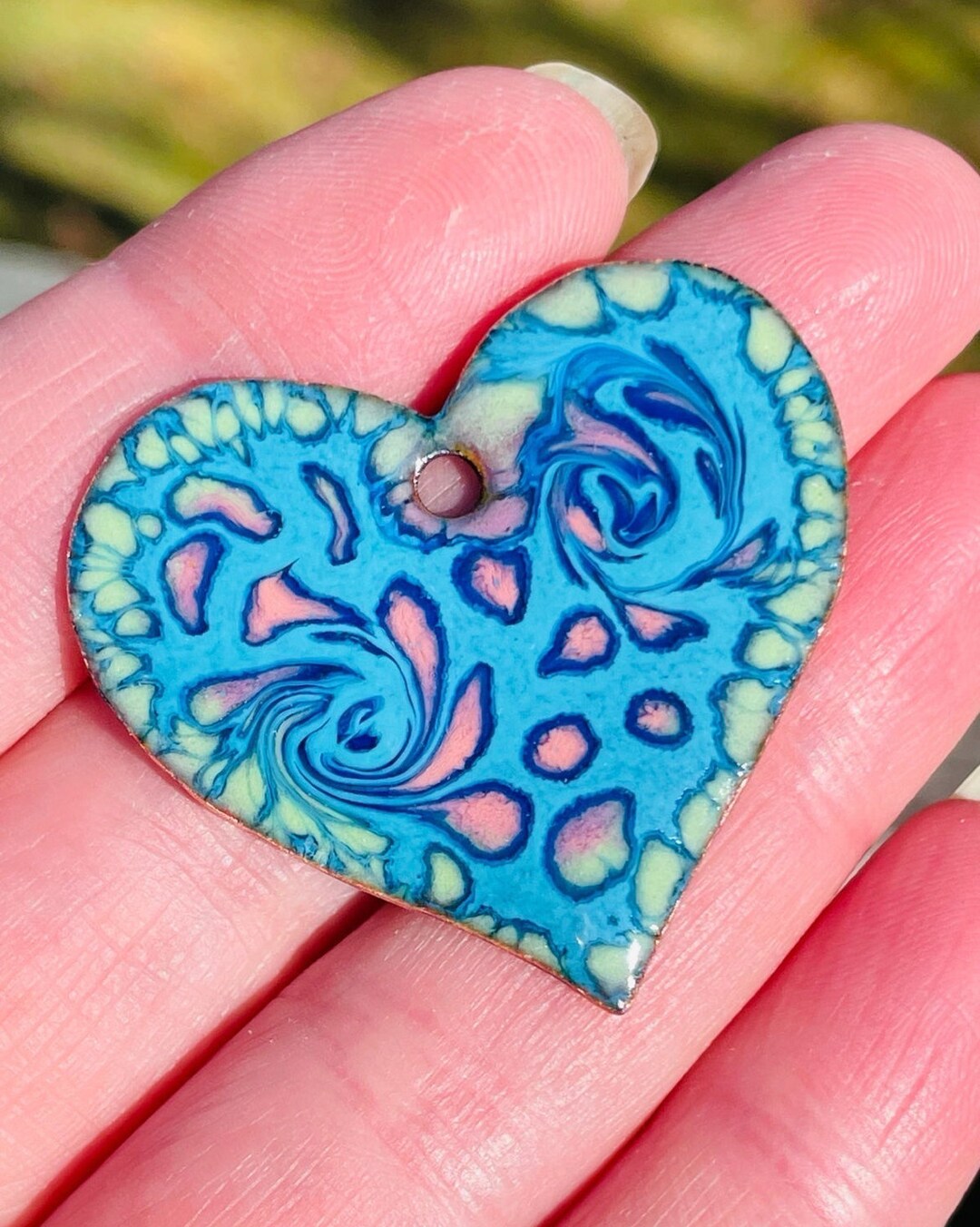Glass Enameled Heart Pendant Component Blue Pink Cream Enameled Copper ...