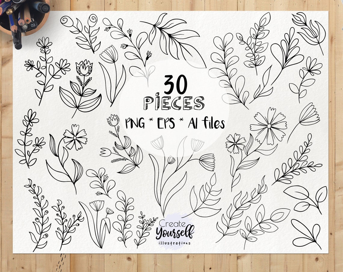Hand Drawn Floral Elements - Doodle Leaves Clipart, Floral Doodle ...