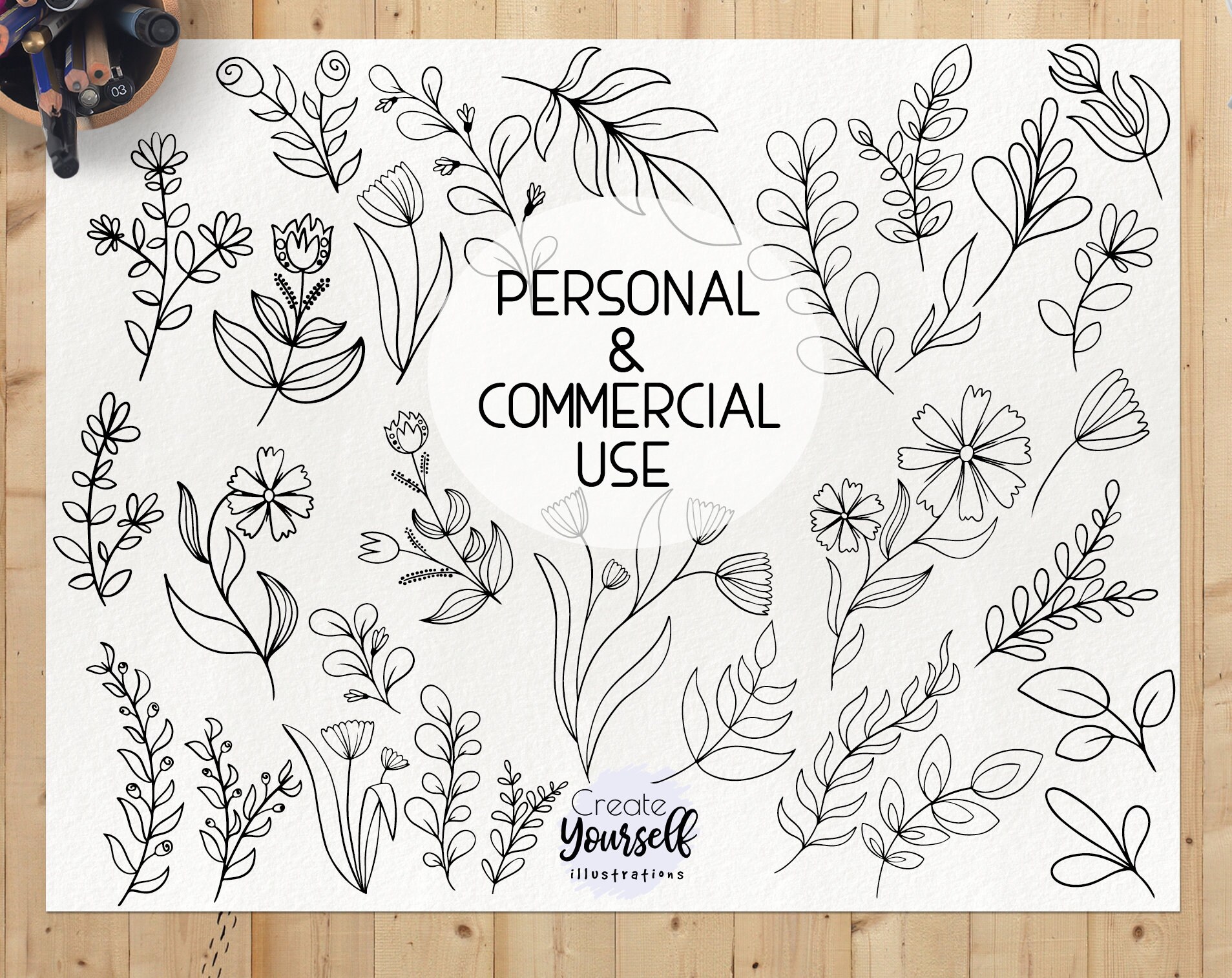 Hand Drawn Floral Elements - Doodle Leaves Clipart, Floral Doodle ...