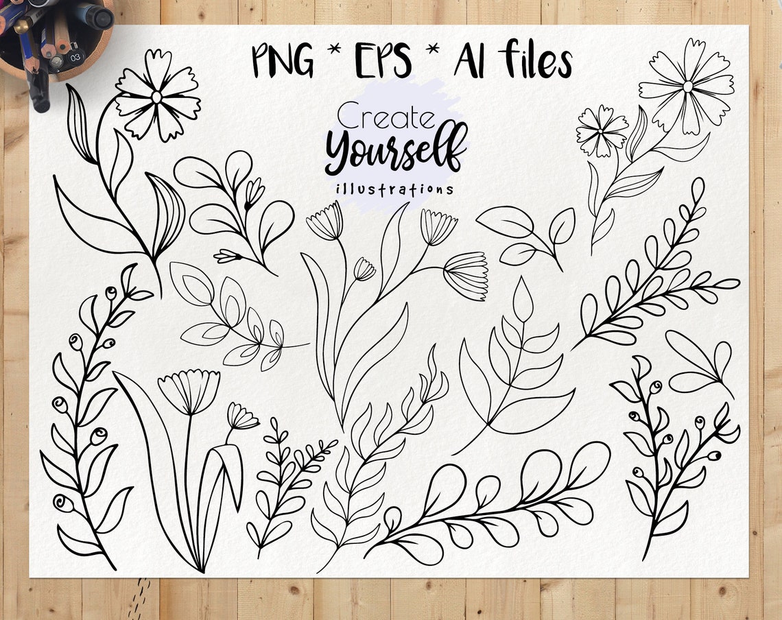 Hand Drawn Floral Elements - Doodle Leaves Clipart, Floral Doodle ...