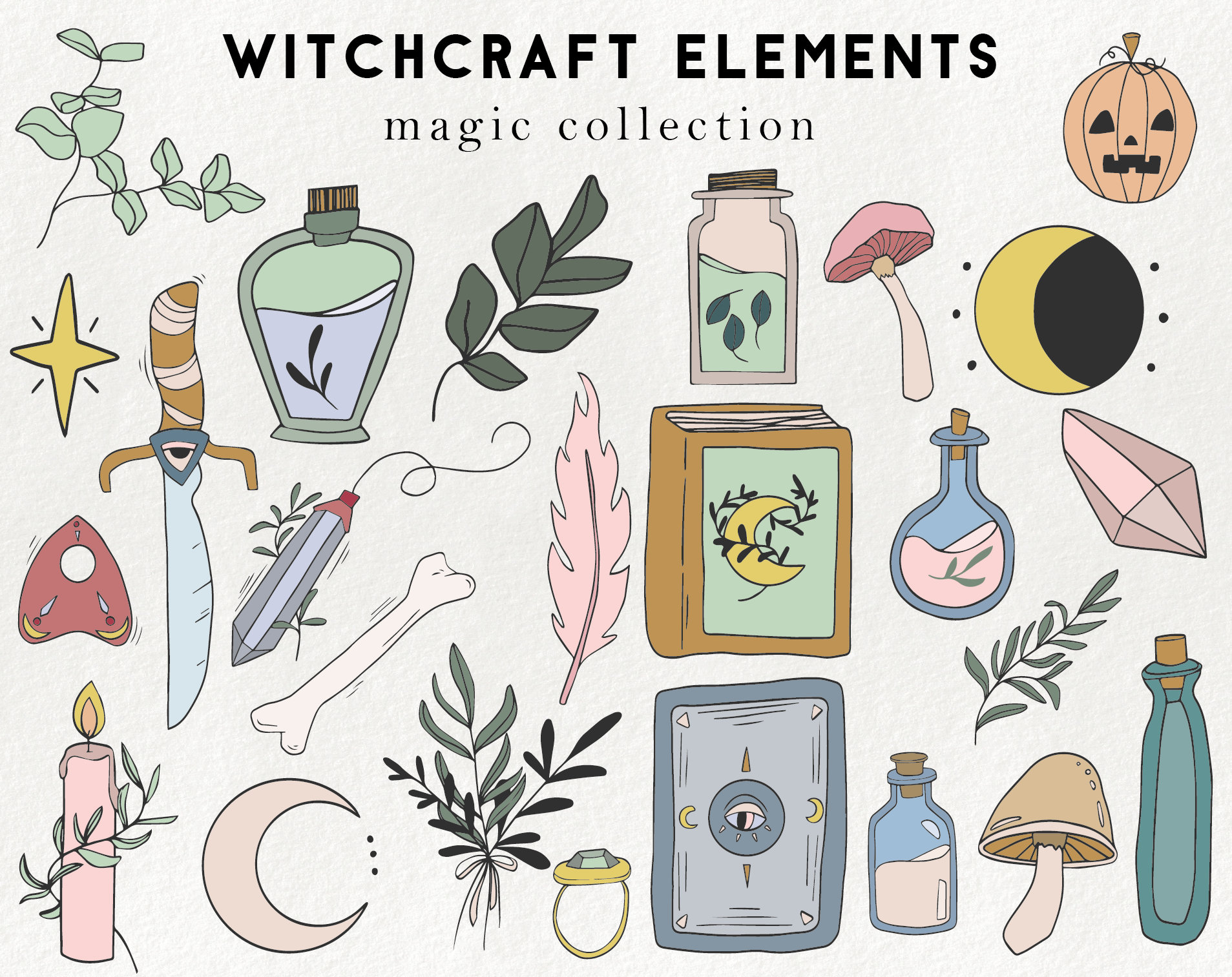 25 Witchcraft Elements Color - Boho Clipart, Occult Magic Clipart ...