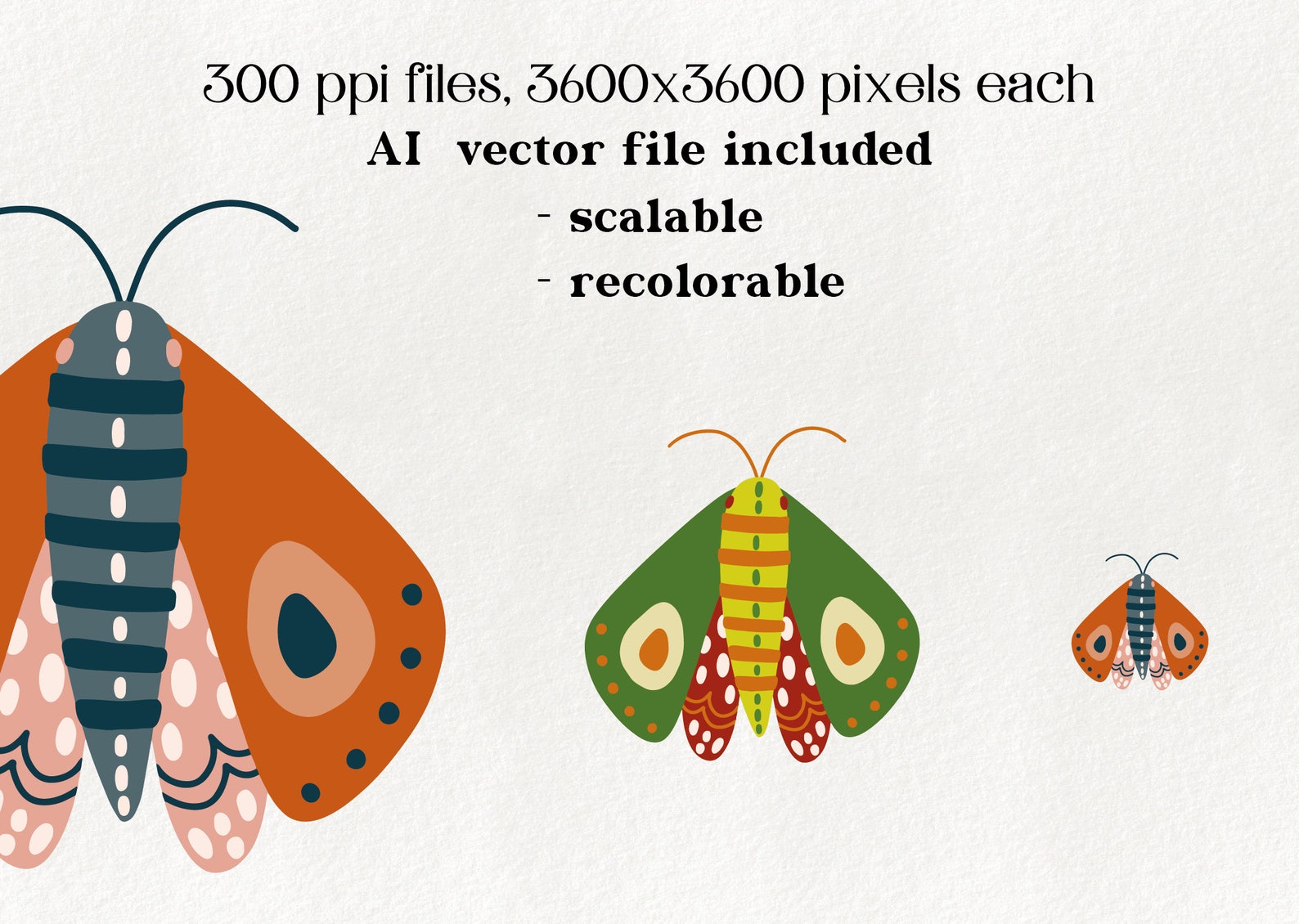 Colorful Moth Clip Art - Modern Hand Drawn Moth Clipart, Doodle Insect ...