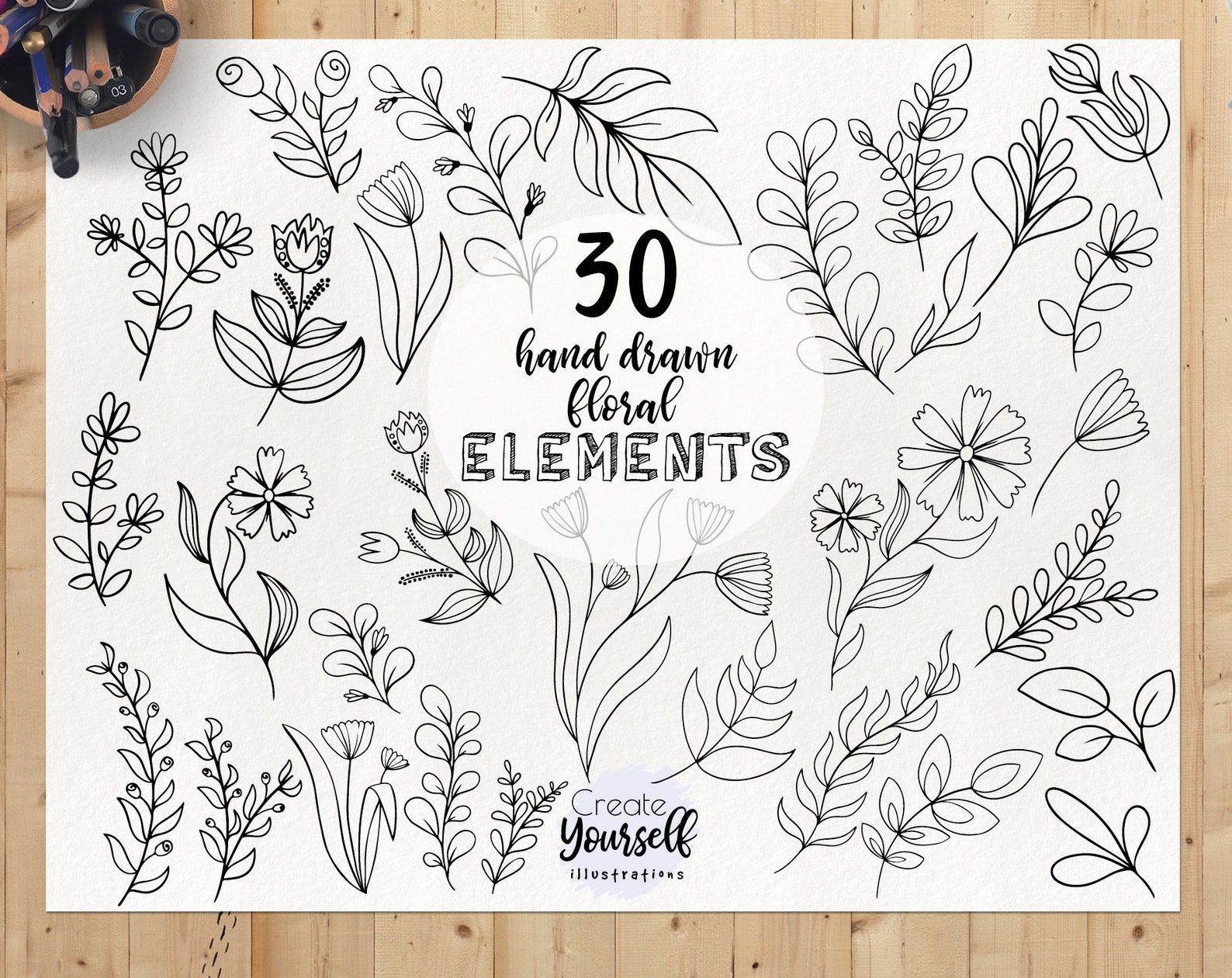 Hand Drawn Floral Elements - Doodle Leaves Clipart, Floral Doodle ...