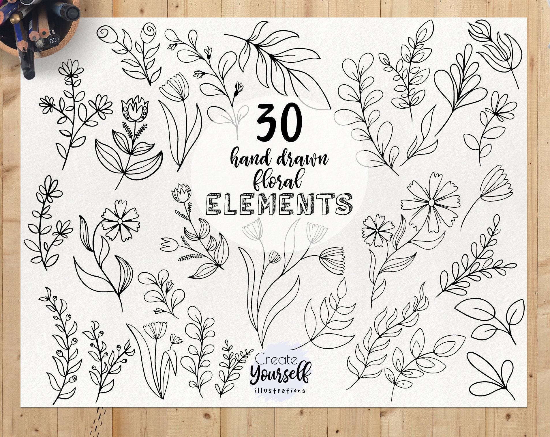 Hand Drawn Floral Elements - Doodle Leaves Clipart, Floral Doodle ...